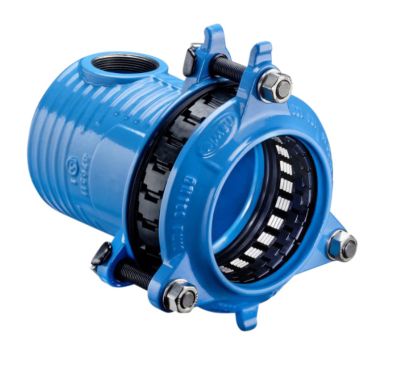 Hawle Synoflex slutmuffe DN100. 104-132mm. Med 2" RG muffe i siden. PN16. Trækfast. A4 bolte ...