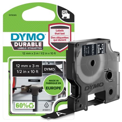 DYMO D1 Durable Tape 12mm x 3M, Hvid på Sort - Brødrene Dahl
